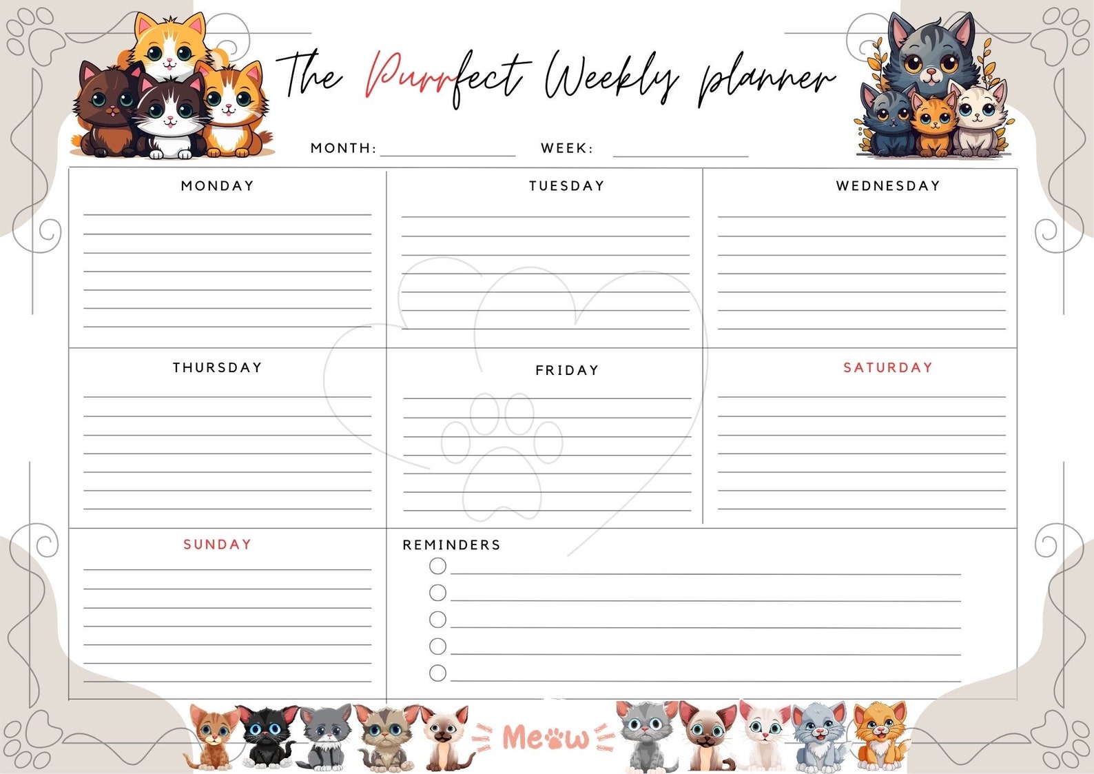 Printable Weekly Planners, Cat Planner, Printable Weekly Cat Planner ...