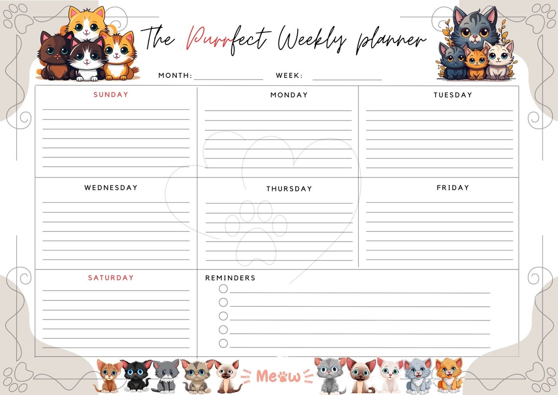 Printable Weekly Planners, Cat Planner, Printable Weekly Cat Planner ...