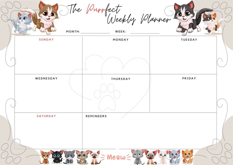 Printable Weekly Planners, Cat Planner, Printable Weekly Cat Planner ...