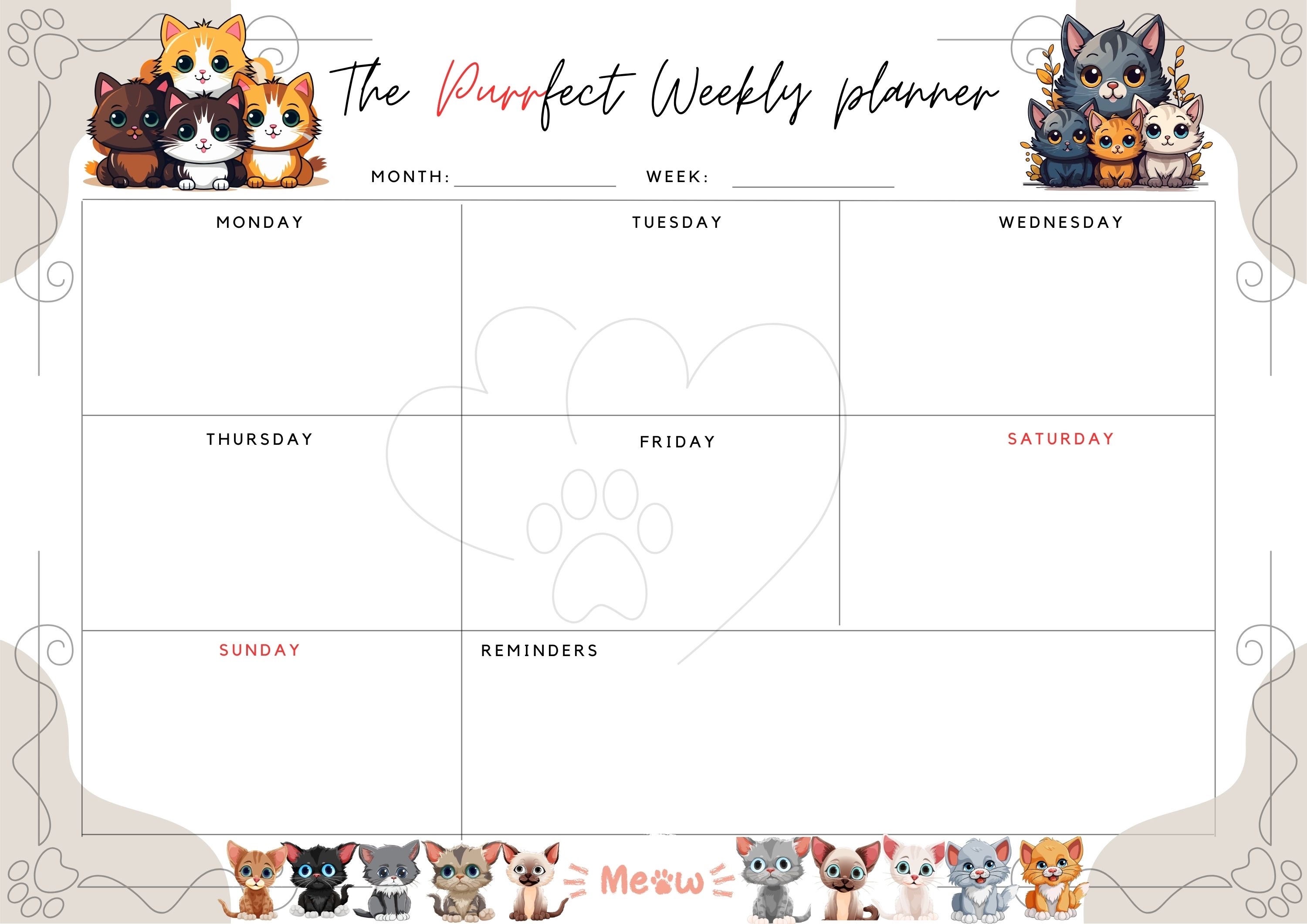 Printable Weekly Planners, Cat Planner, Printable Weekly Cat Planner ...