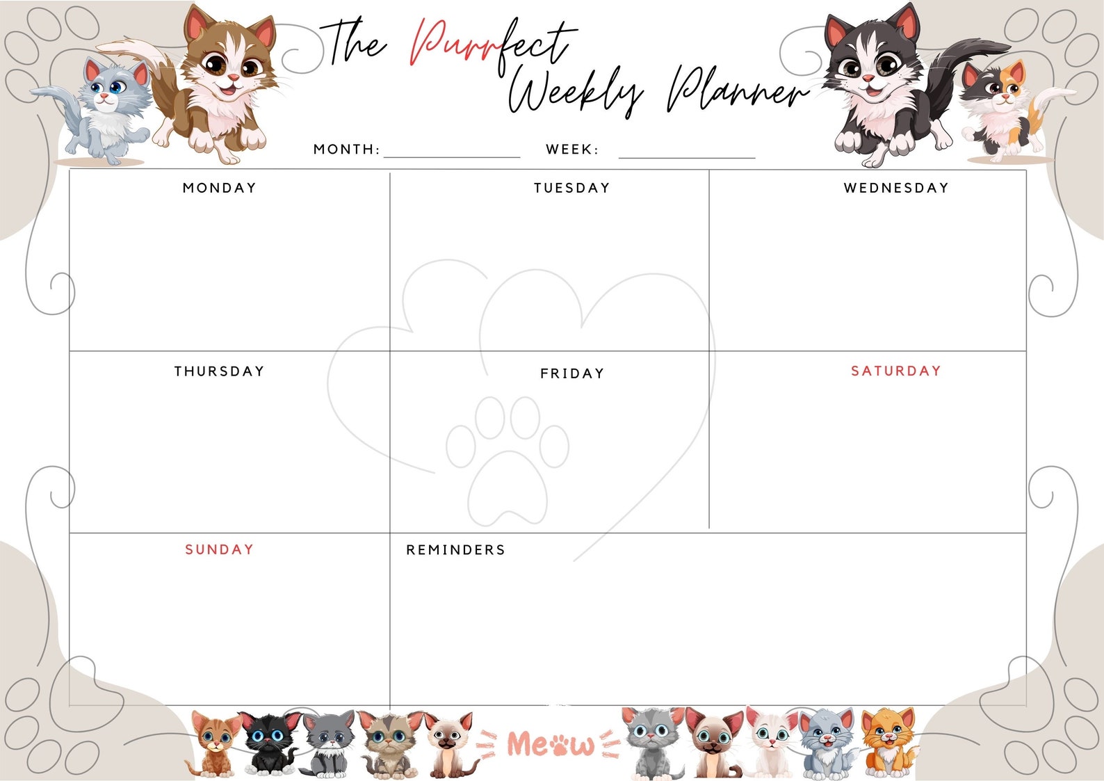 Printable Weekly Planners, Cat Planner, Printable Weekly Cat Planner ...