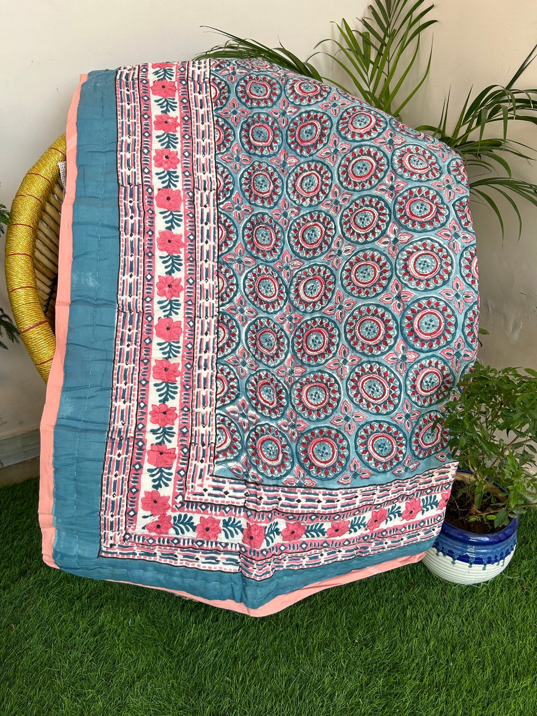 Hand Block Printed Cotton Kantha Quilt: Reversible Anokhi Bedspread - Etsy