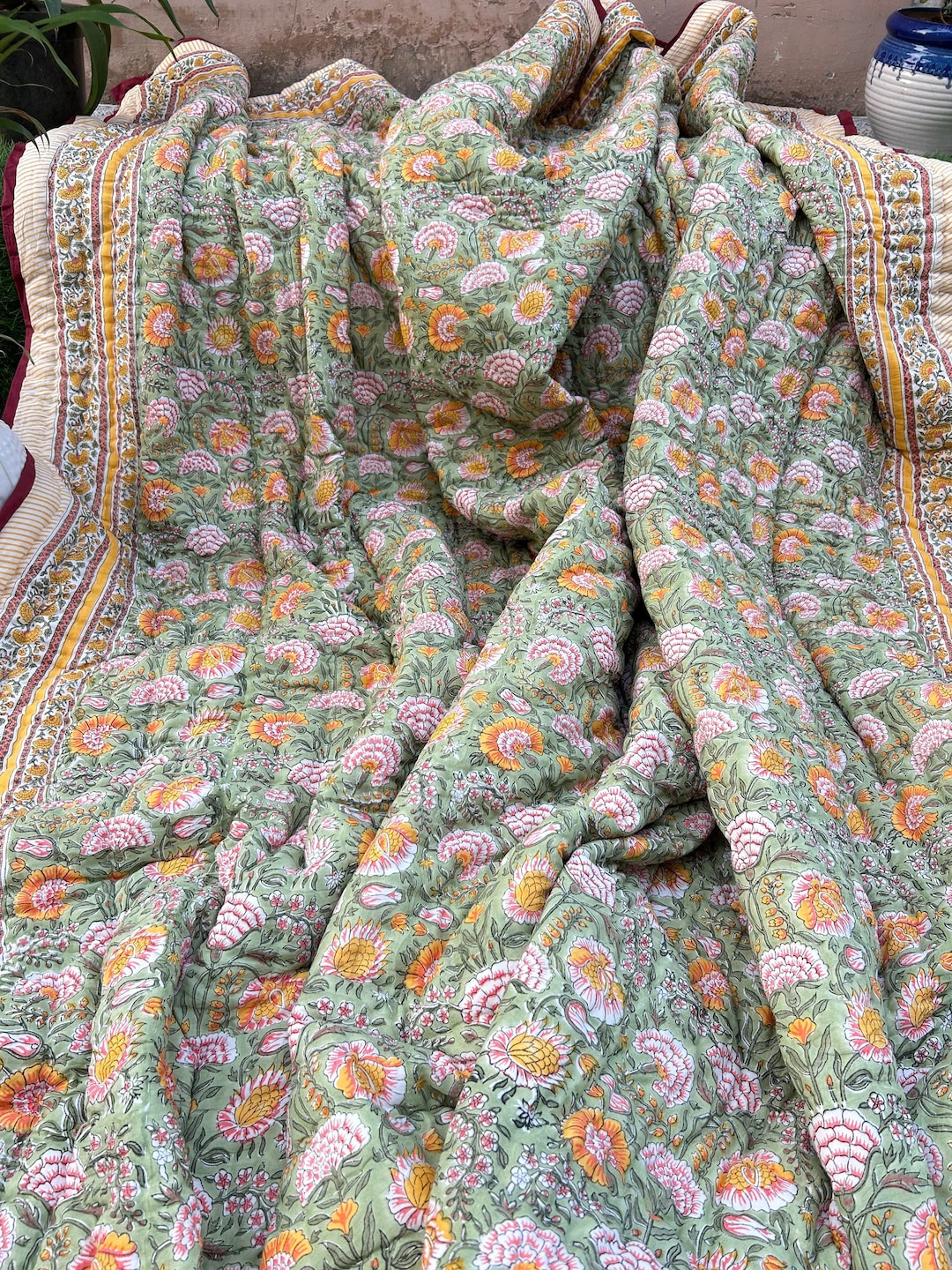 Handmade Floral Block Print Quilt, Organic Cotton Reversible Queen ...
