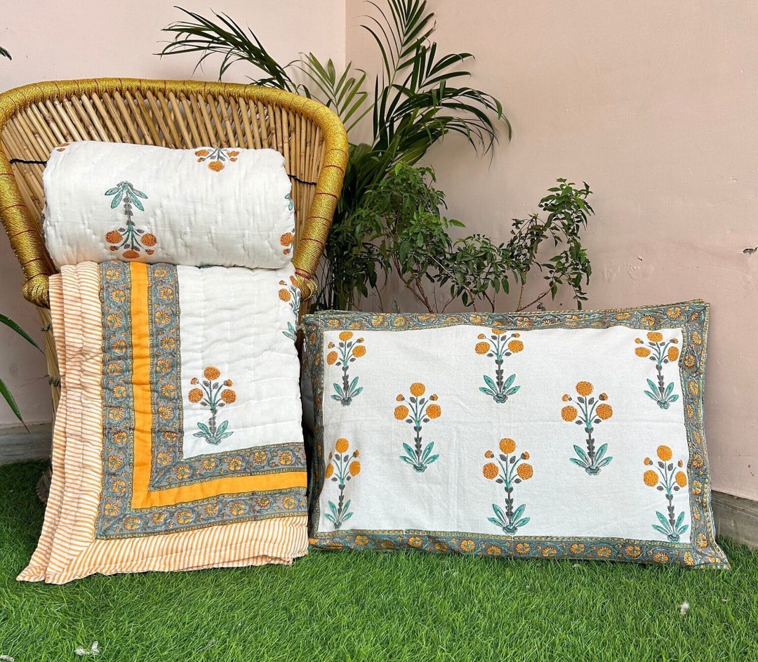 Anokhi Hand Block Print Kantha Quilt: Organic Cotton Reversible Queen ...