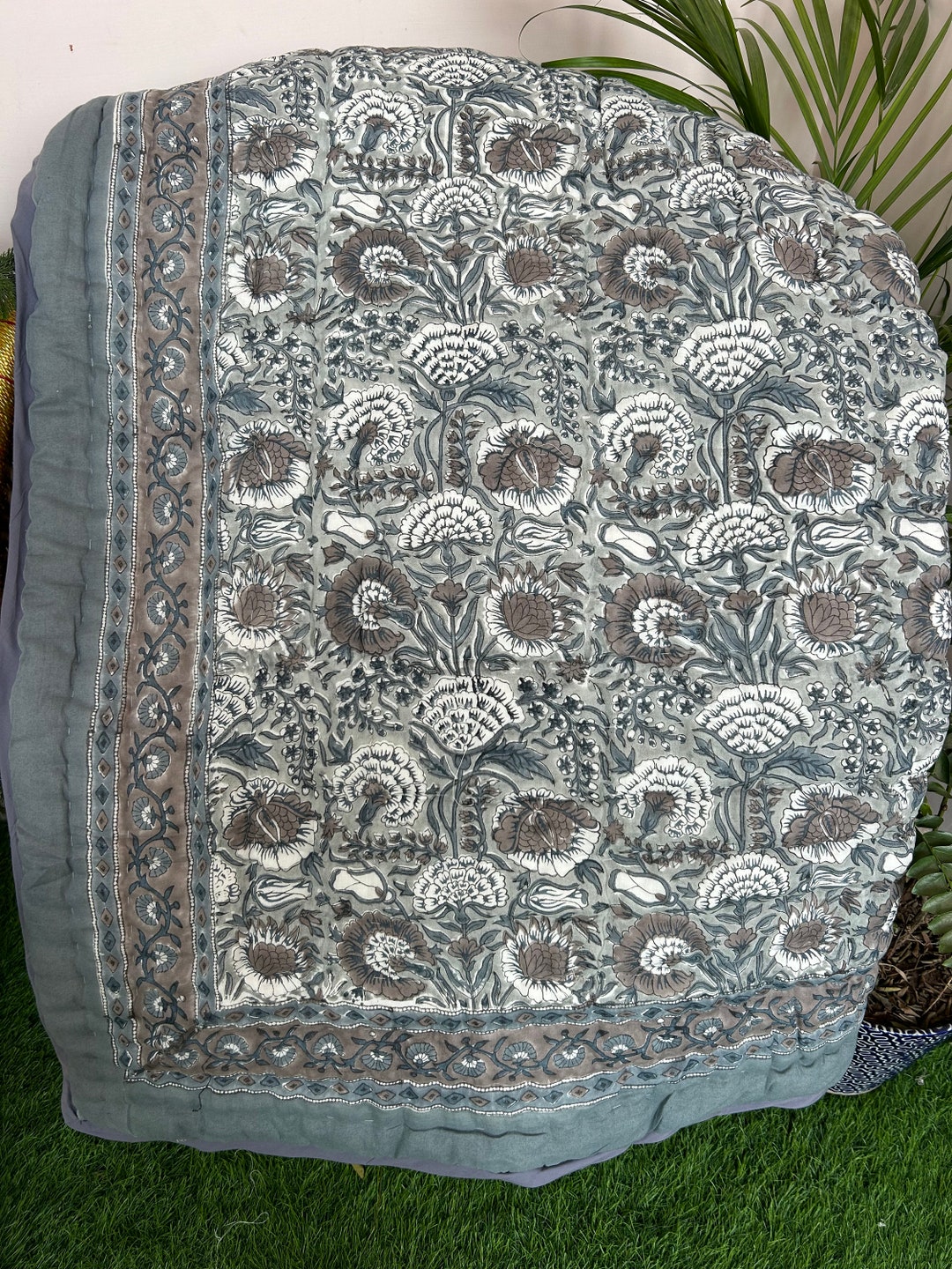 Anokhi Hand Block Print Cotton Quilt: Reversible Floral Bedspread ...