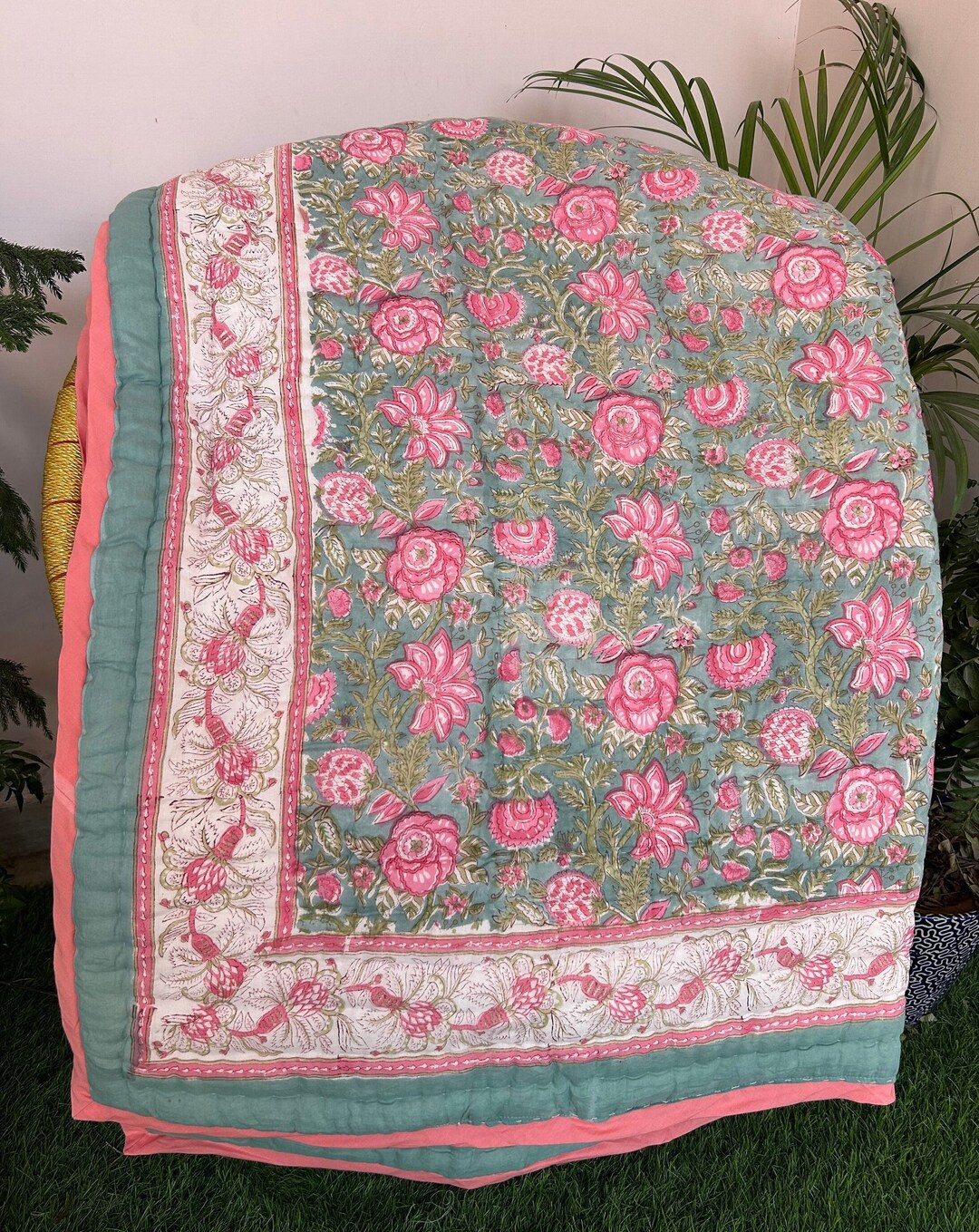 Anokhi Indian Block Print Kantha Quilt: Organic Cotton Reversible Queen ...