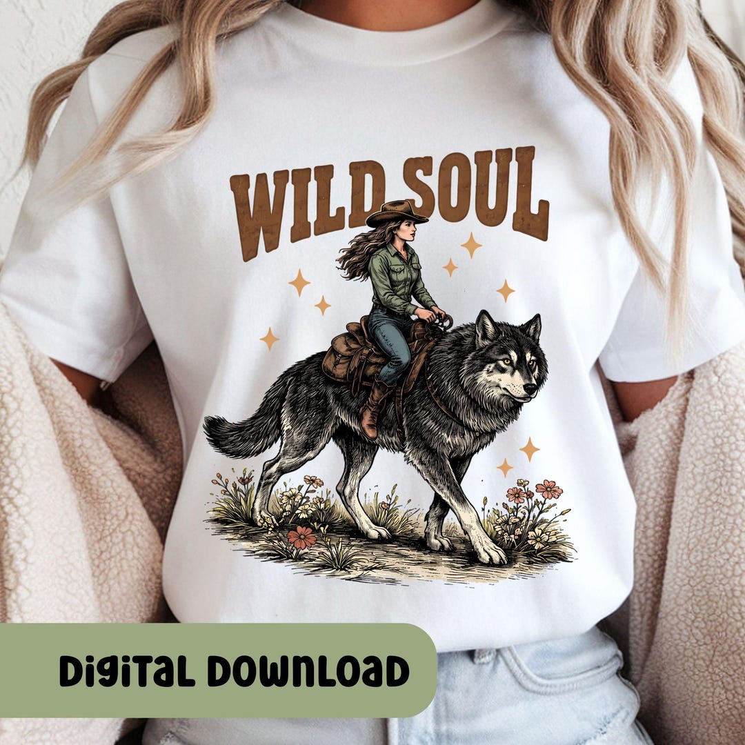 Wild Soul PNG Cowgirl Riding a Wolf, Vintage, Retro Western T-shirt ...