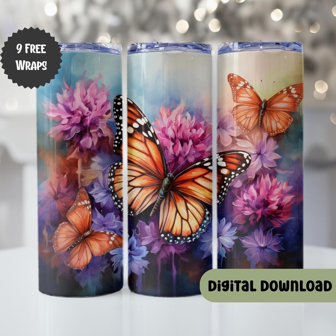Butterfly Floral Tumbler Wrap Colorful Flowers Sublimation Seamless ...