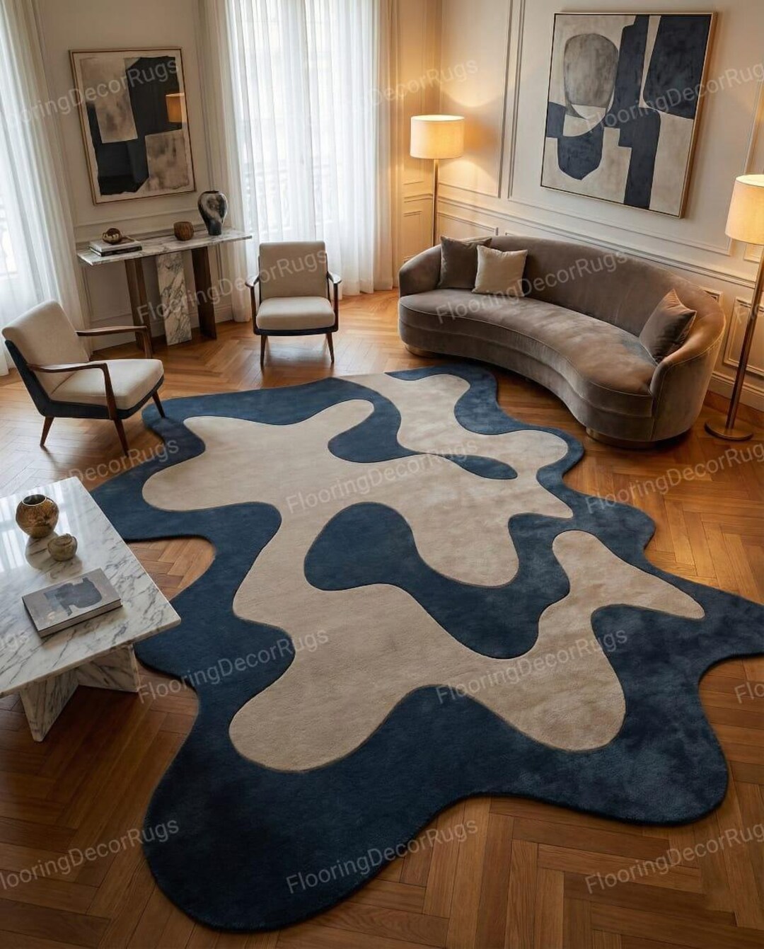 Modern Irregular Shape Tufted Area Rug Blue Beige Handmade Rug for ...