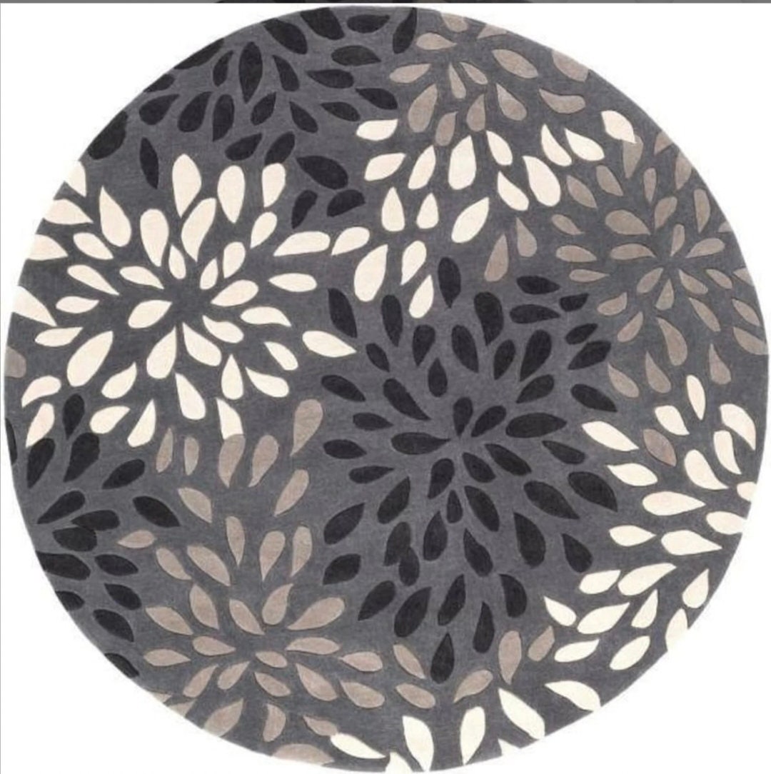 8x8 Hand Tufted Floral Rug Floral Round Rug Grey Base Rug Handmade Wool ...