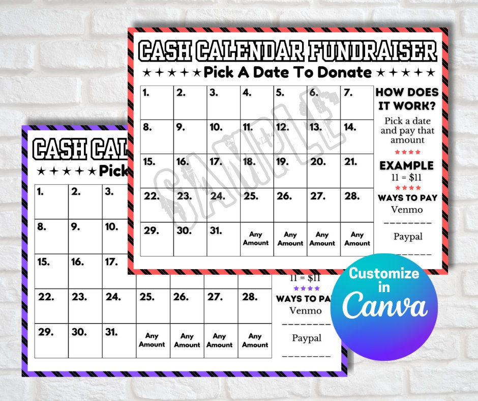 CASH CALENDAR FUNDRAISER Template - Etsy