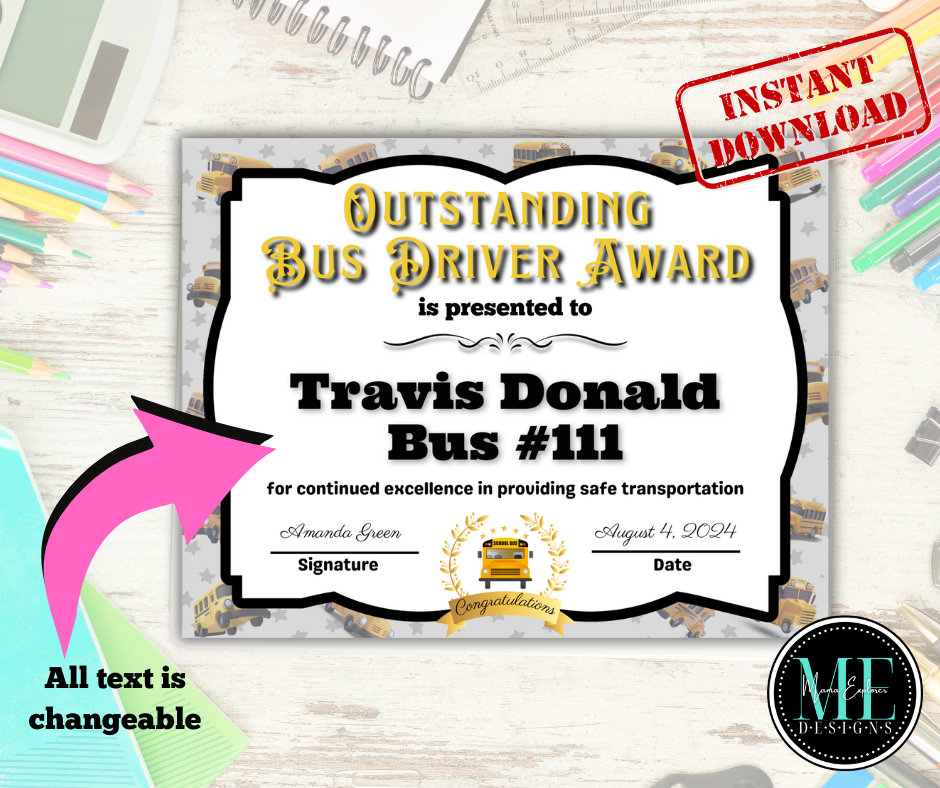 EDITABLE Bus Driver Certificate Template - Etsy