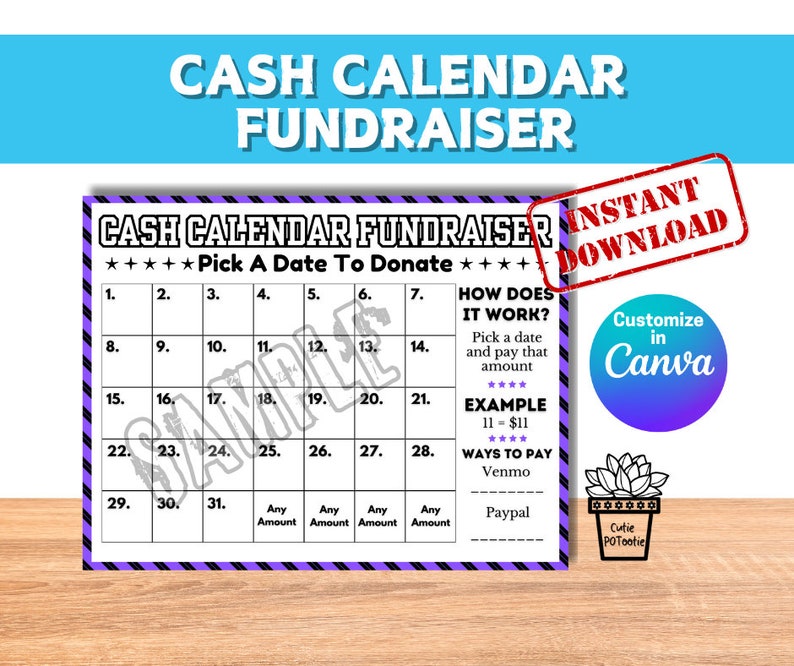 CASH CALENDAR FUNDRAISER Template - Etsy