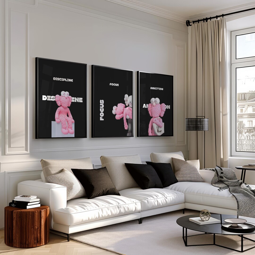 KAWS Inspired Pink Bear Wall Art Set of 3, Modern Hype Aesthetic ...