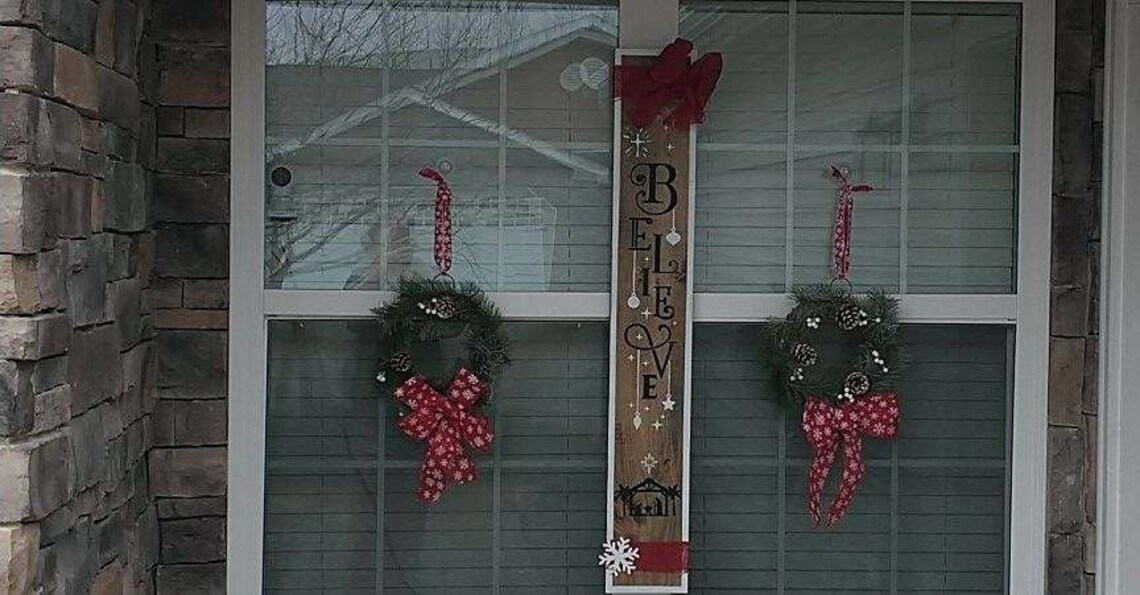 Believe Sign With Red Burlap Bow Nativity Jesus in A Manger Porch Decor ...