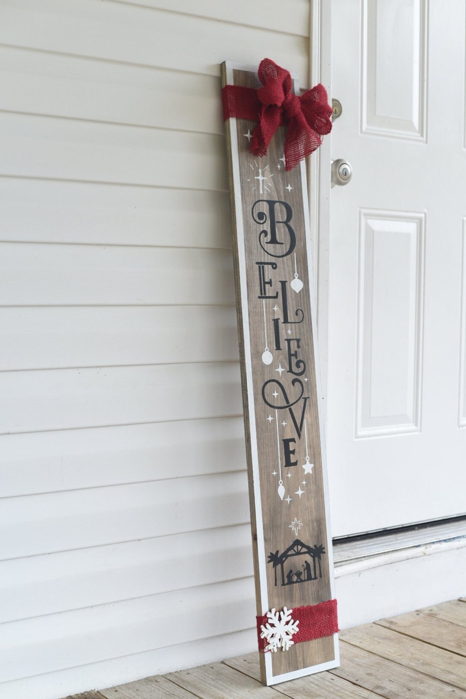 Believe Sign With Red Burlap Bow Nativity Jesus in A Manger Porch Decor ...