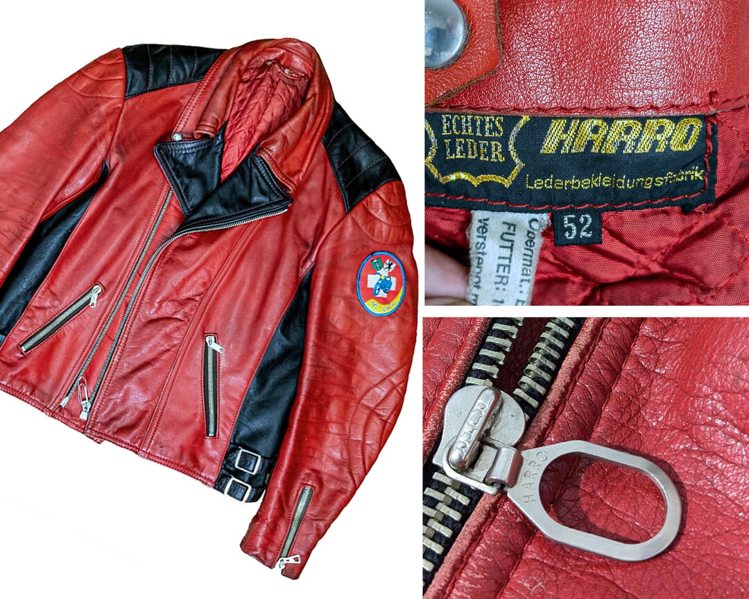 Vintage 70s HARRO Red Leather Biker Jacket, Men's Retro Motorcycle ...