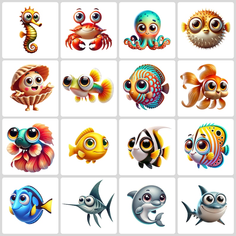 Ocean Animals 3D Style Clipart Set – Fish, Shark, Turtle & Marine Life ...