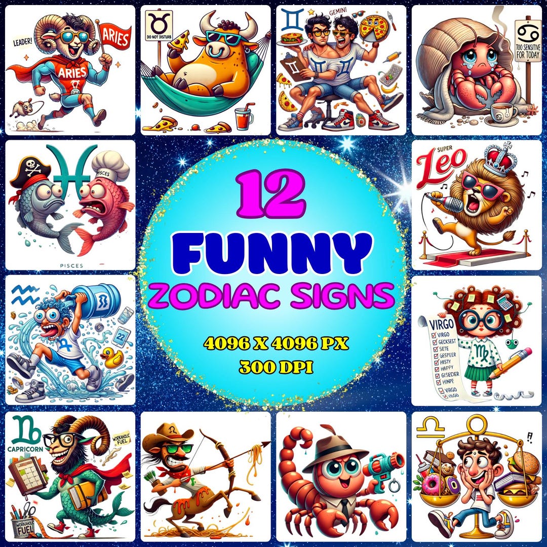 Funny Zodiac Signs Clipart – 12 PNG Humorous Horoscope Characters in ...
