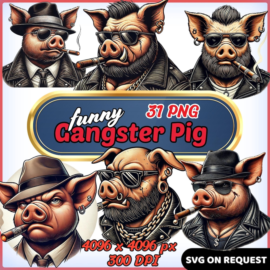Gangster Pig PNG Bundle – 31 Mafia Swine Style Clipart Images – Funny ...