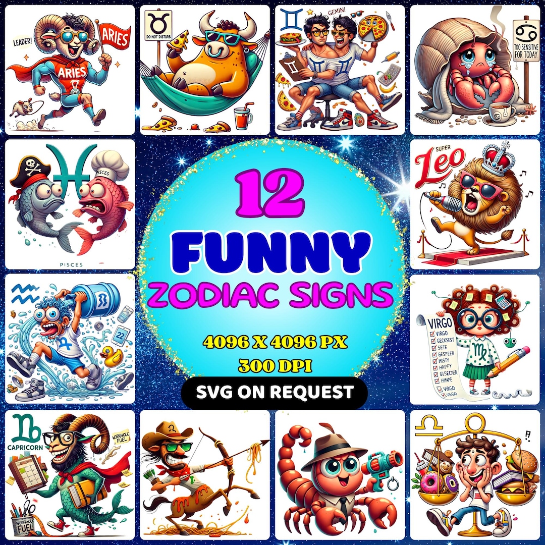 Funny Zodiac Signs Clipart – 12 PNG Humorous Horoscope Characters in ...