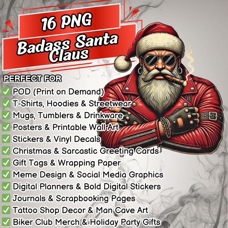 Badass Santa PNG Bundle – 16 Biker, Tattoo & Gangster Christmas Designs ...