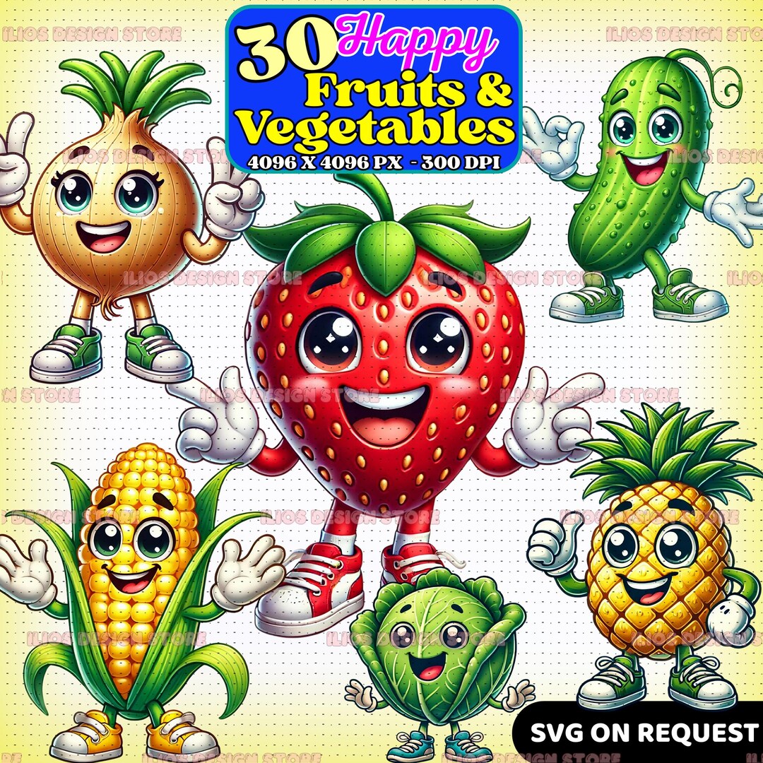 Cute Fruits Clipart Pngs – 30 Funny Cartoon Fruit Stickers, Smiling ...