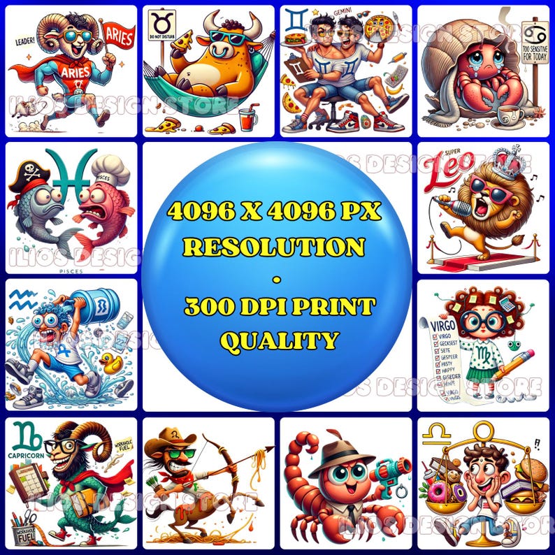 Funny Zodiac Signs Clipart – 12 PNG Humorous Horoscope Characters in ...