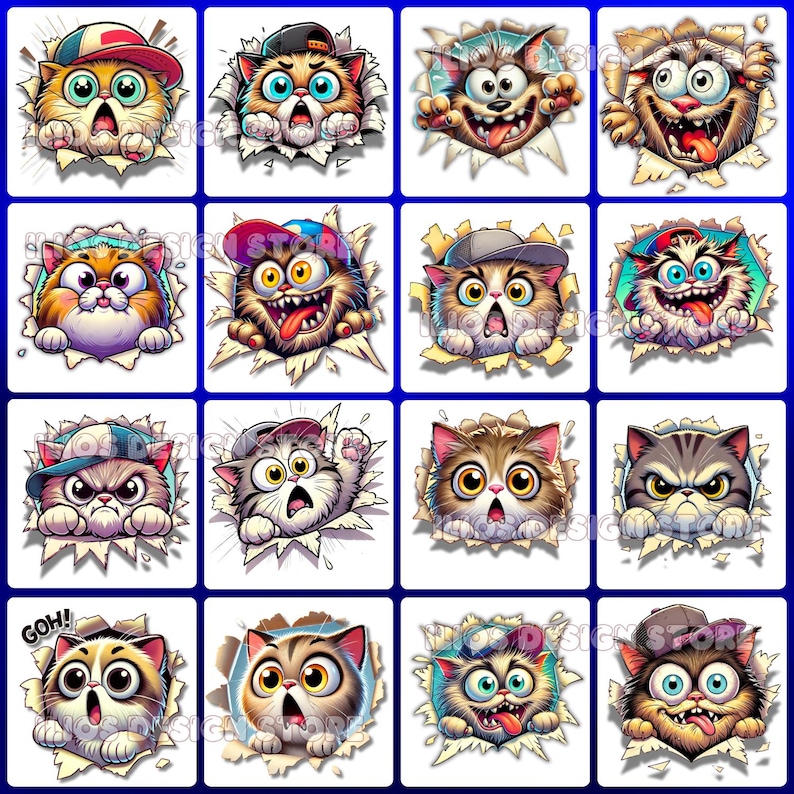 Funny Crazy Angry Scared Cats PNG – 30 Cartoon Cats Breaking Through ...