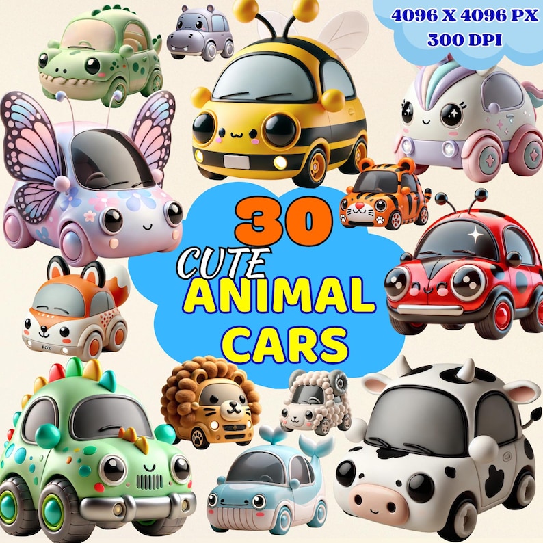 Cute Animal Cars Clipart – 30 Cartoon Kawaii Cars Bundle for Kids ...