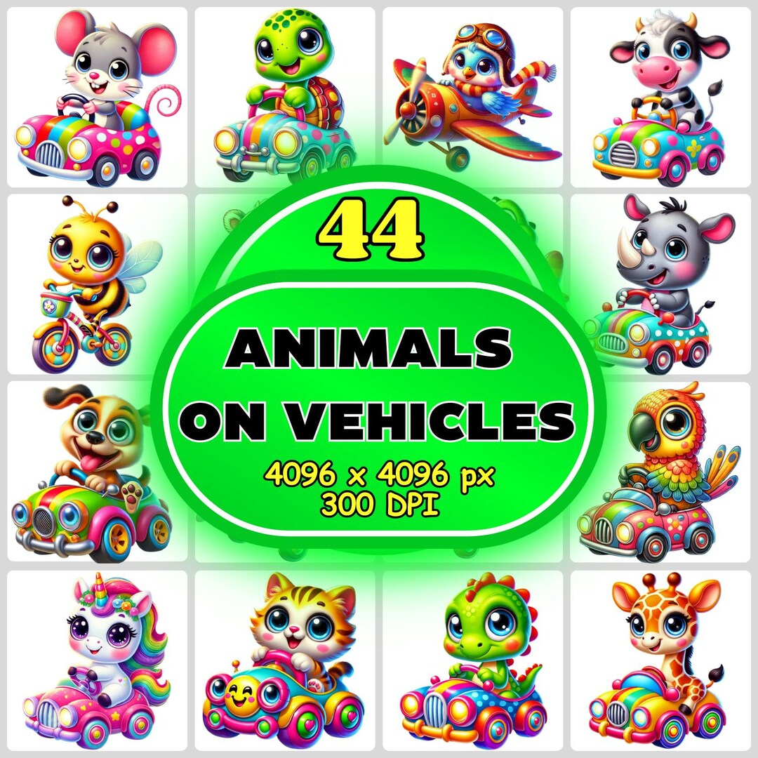 Cute Animals on Vehicles 44 PNG Clipart Bundle, Cartoon Animals, Kids ...