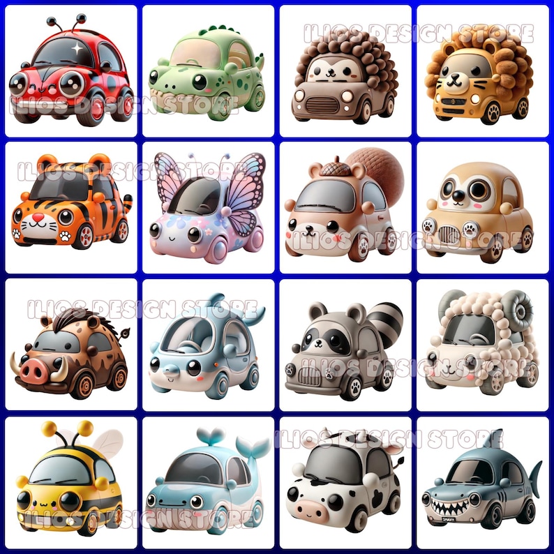 Cute Animal Cars Clipart – 30 Cartoon Kawaii Cars Bundle for Kids ...