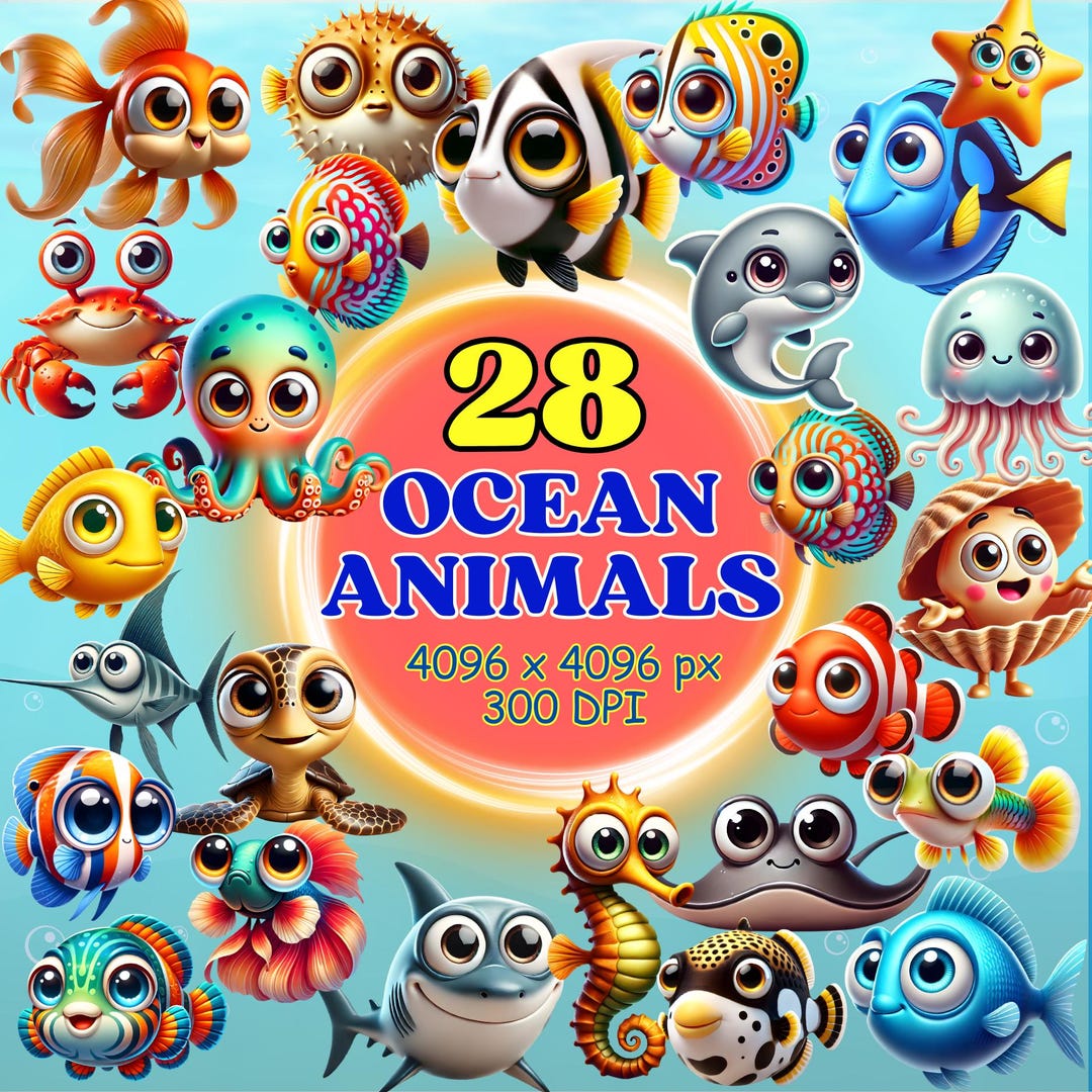 Ocean Animals 3D Style Clipart Set – Fish, Shark, Turtle & Marine Life ...