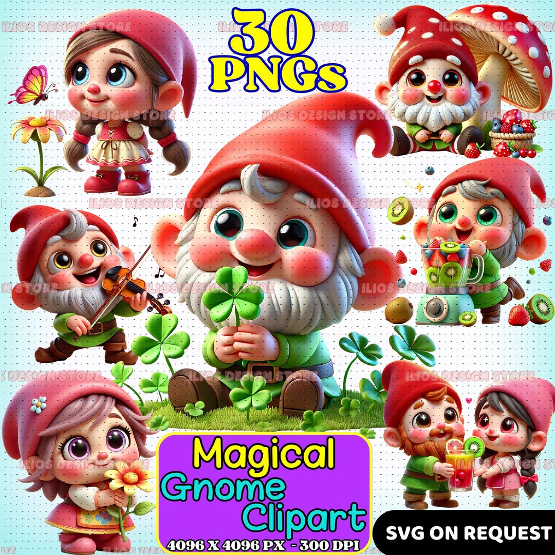 Cute Gnome Clipart Pngs – 30 Magical Fantasy Gnomes in 3D Cartoon Style ...