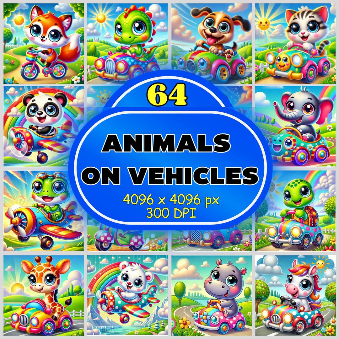 Cute Animals on Vehicles 64 PNG Clipart Bundle, Cartoon Cars, Kids ...