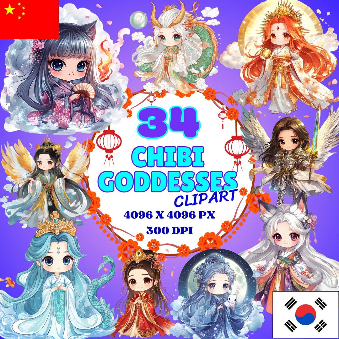 Chibi Goddesses Clipart Collection: 34 PNG Korean & Chinese Deities in ...
