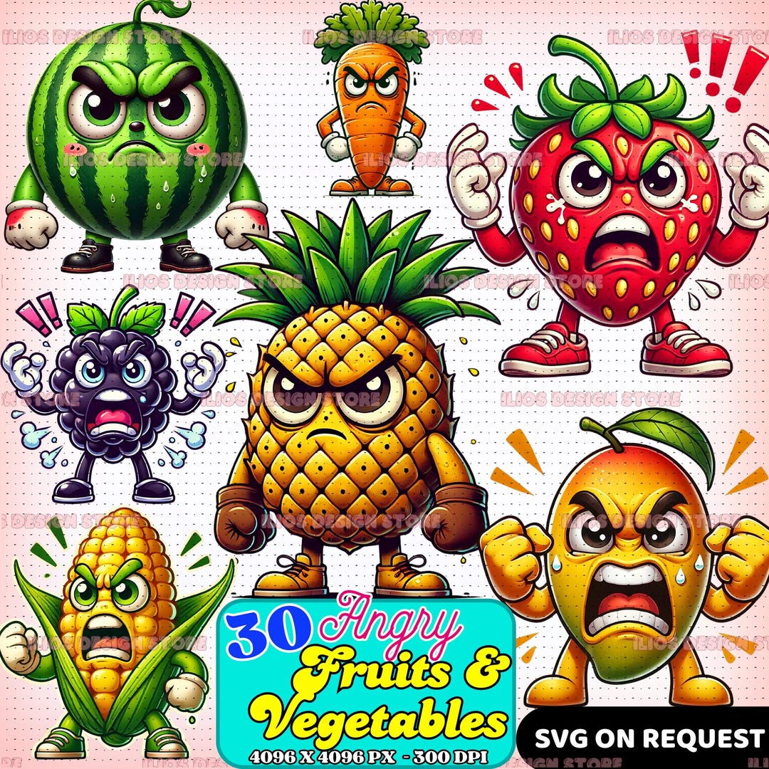 Angry Fruit & Vegetable Clipart Bundle – 30 Funny Pngs, Mad Food Faces ...