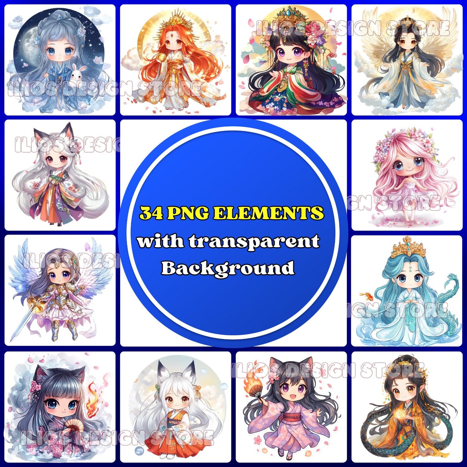 Chibi Goddesses Clipart Collection: 34 PNG Korean & Chinese Deities in ...