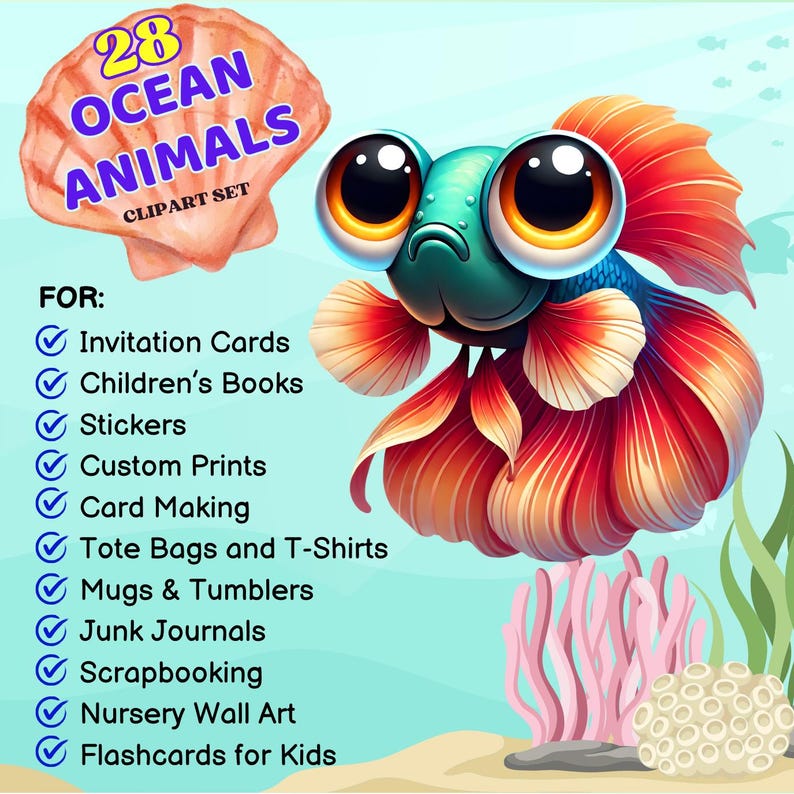 Ocean Animals 3D Style Clipart Set – Fish, Shark, Turtle & Marine Life ...
