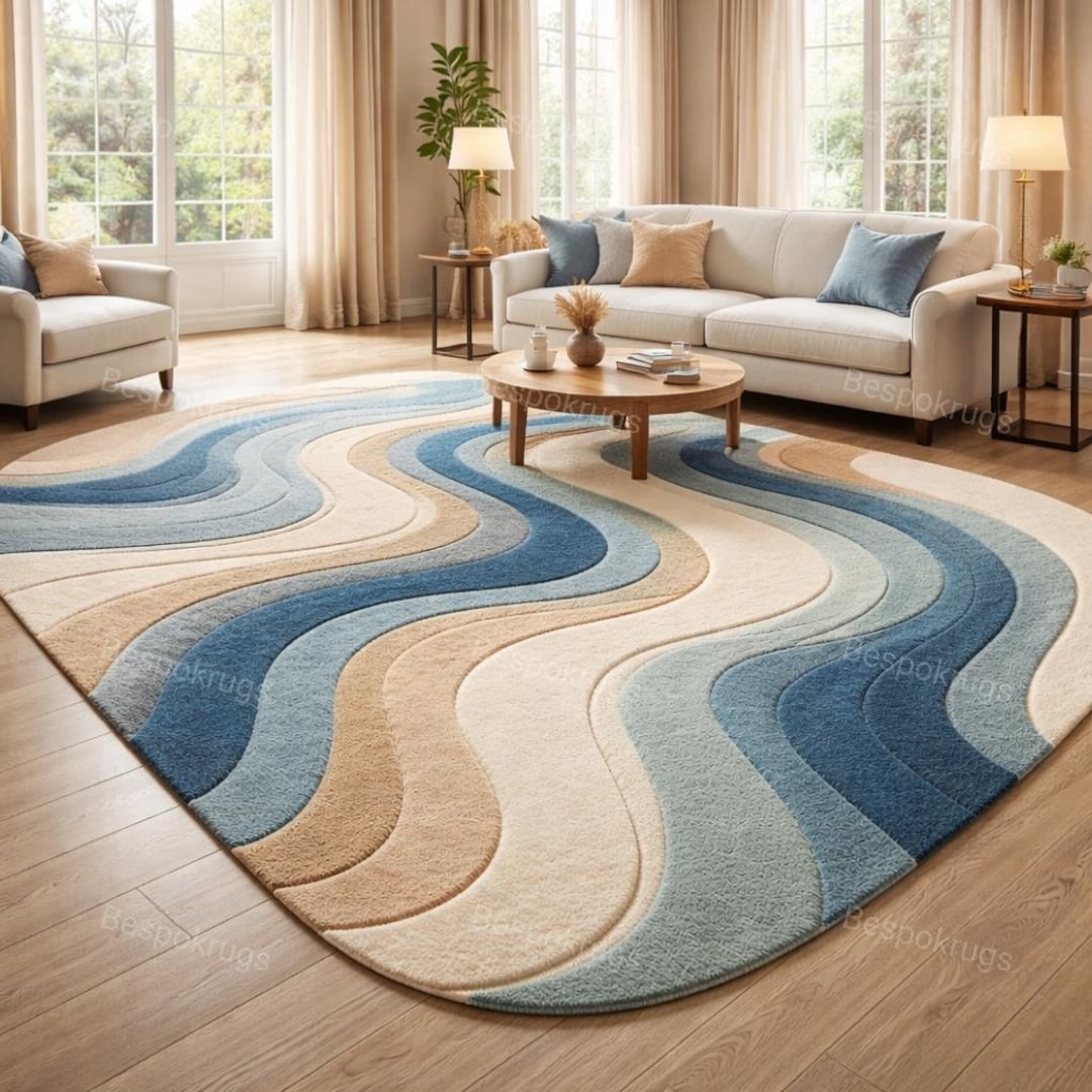 Modern Blue Wave Area Rug – Luxury Abstract Ocean Pattern Carpet for ...