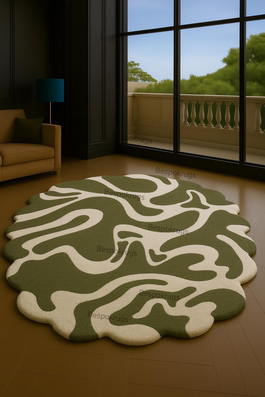 Modern Abstract Round Rug: Olive Green & Cream Wavy Design - Etsy