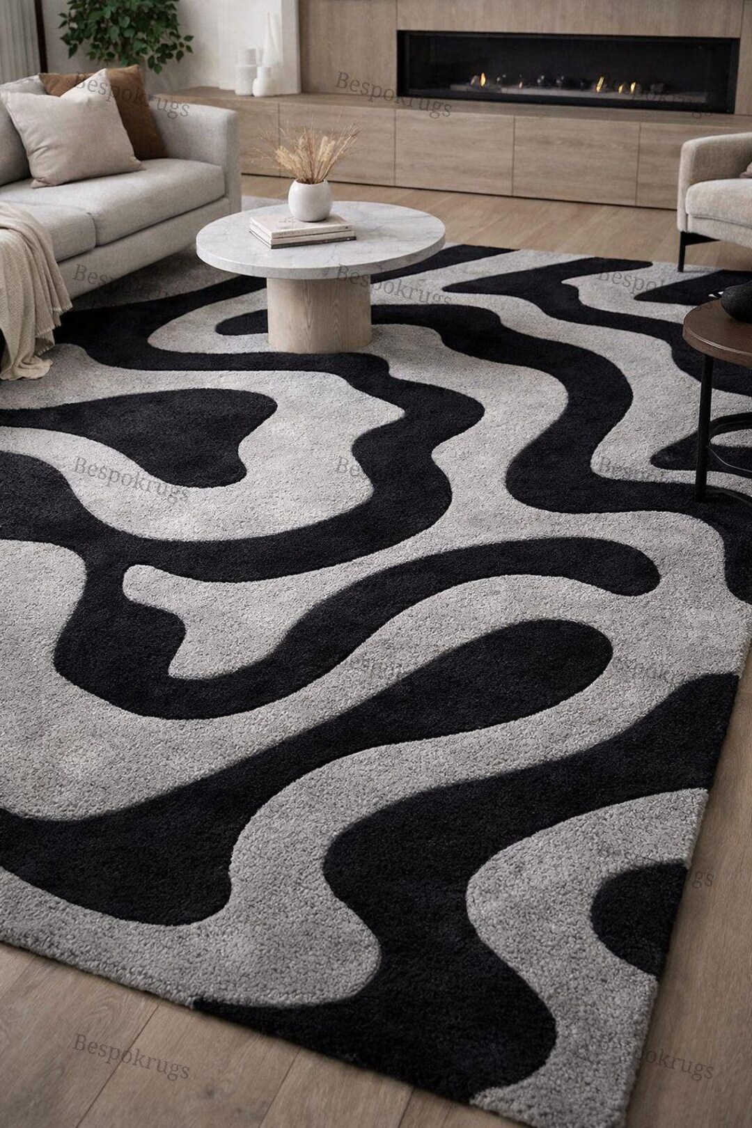 Modern Abstract Black & Grey Wave Area Rug – Handmade Soft Texture ...