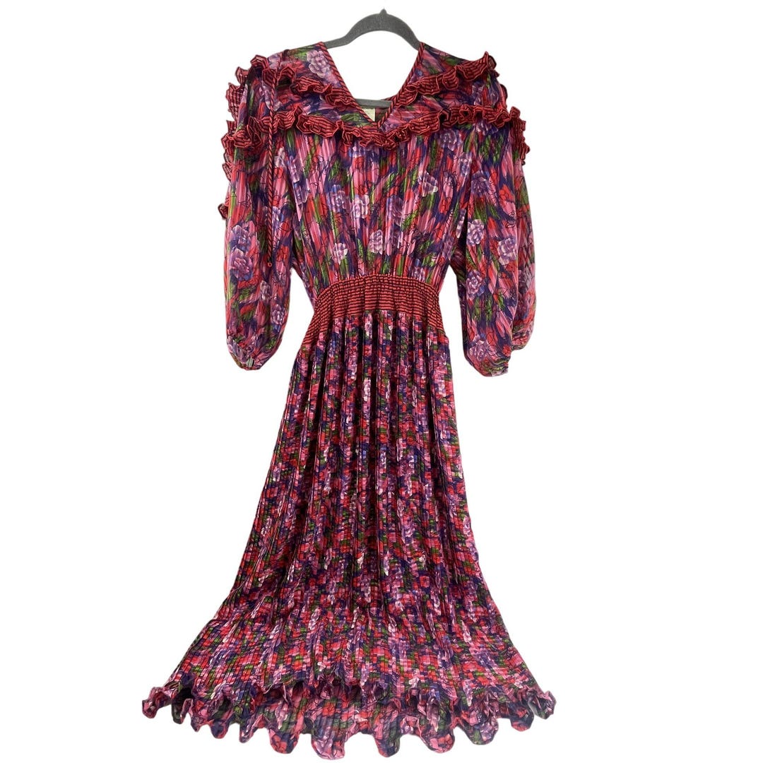80s Diane Freis Designer Dress Sheer Floral Pleated Dress Georgette ...