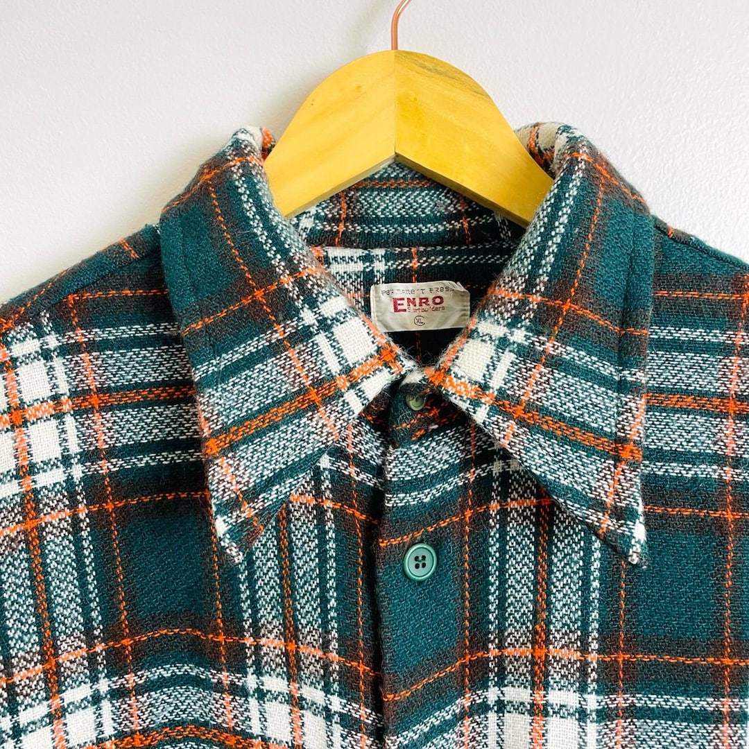 1970's Men's Plaid Woven Flannel, Authentic 70s Mens Shirt Wide Lapels ...