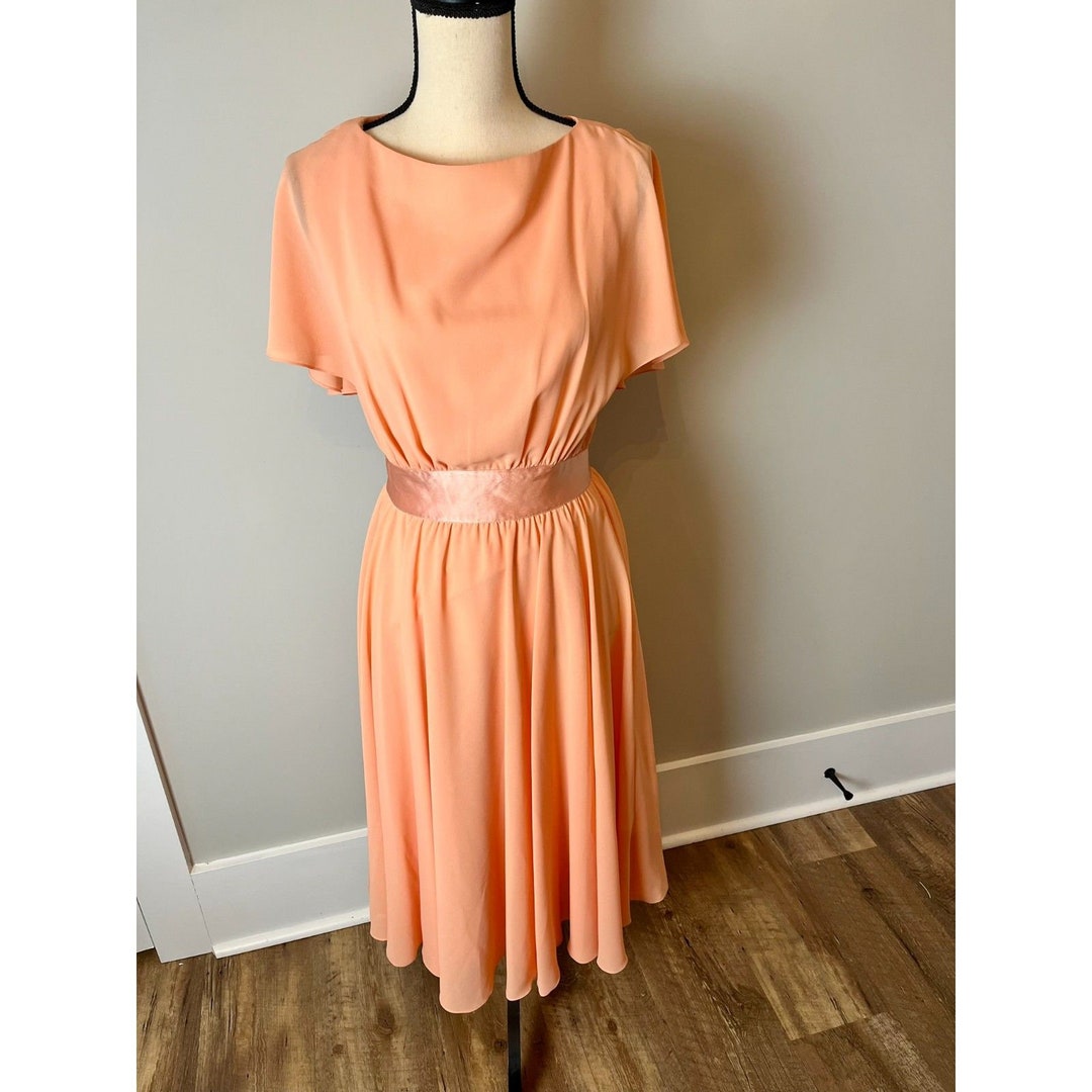 70s Vintage Womens Silk Dress, Vintage Peach Color Pink Cocktail Flowy Dress Flutter Sleeve ...