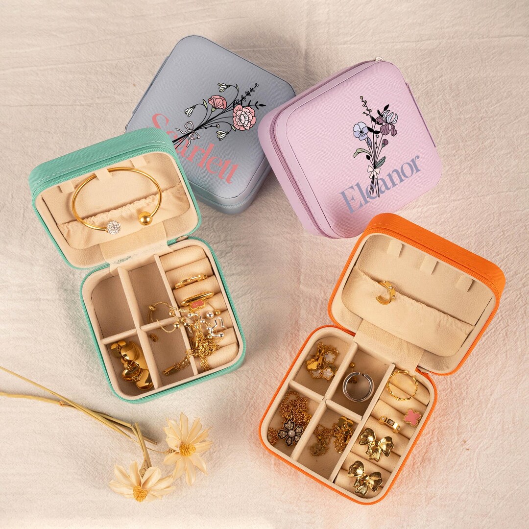 Personalized Name Jewelry Box, Birth Flower Jewelry Box, Travel Jewelry ...