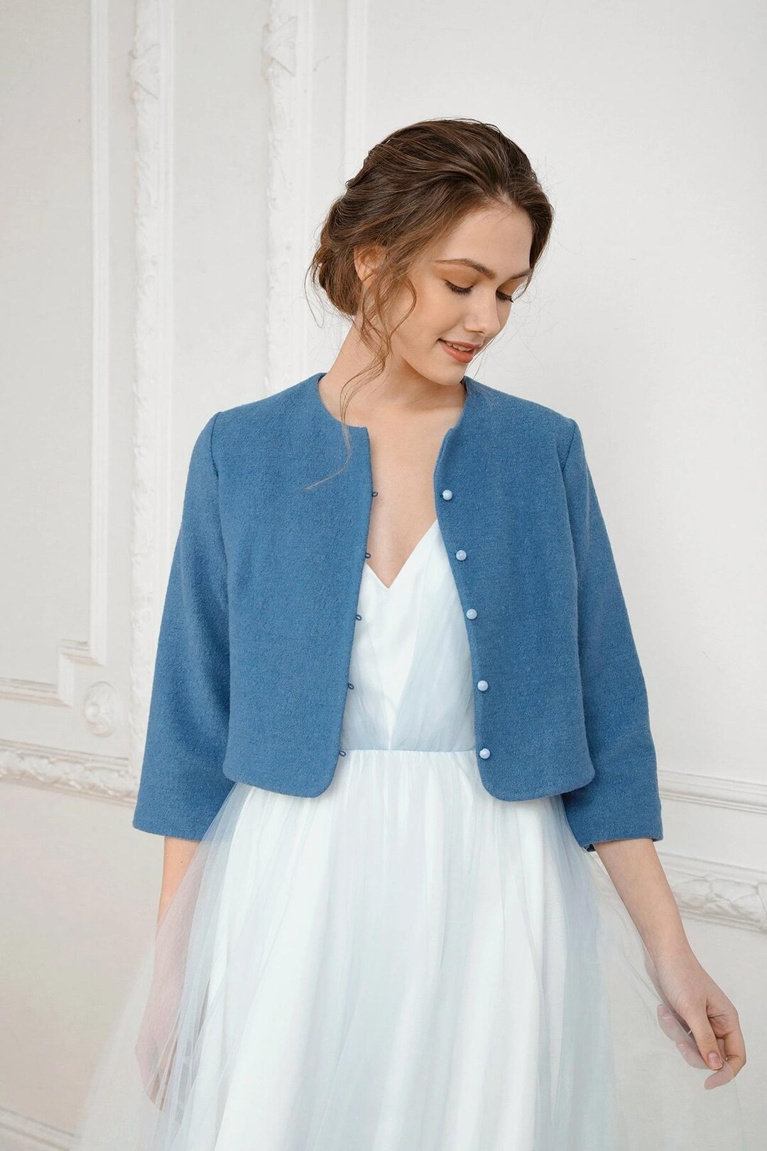 Blue Wool Wedding Jacket: Bridal Bolero With Pearl Buttons - Etsy
