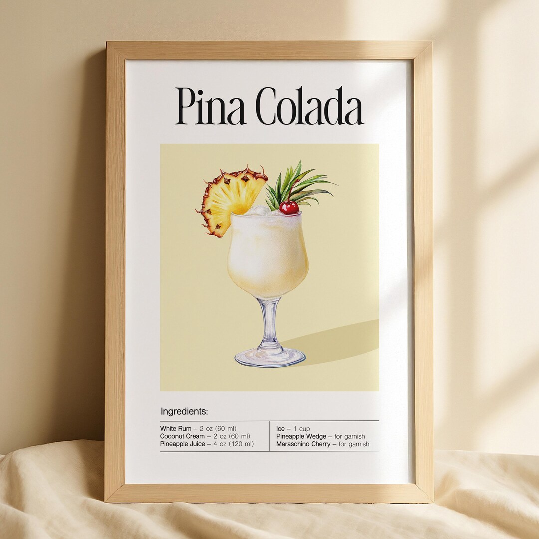 Pina Colada Cocktail Poster, Recipe Wall Art, Tropical Kitchen Decor ...