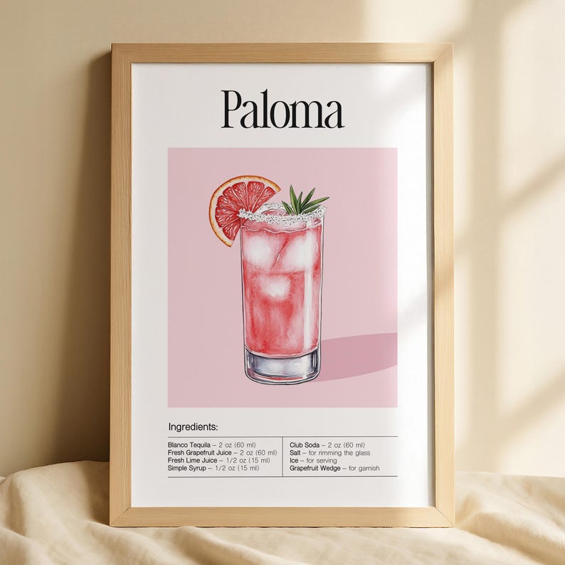 Paloma Poster, Cocktail Recipe Wall Art Printable, Tequila Print ...