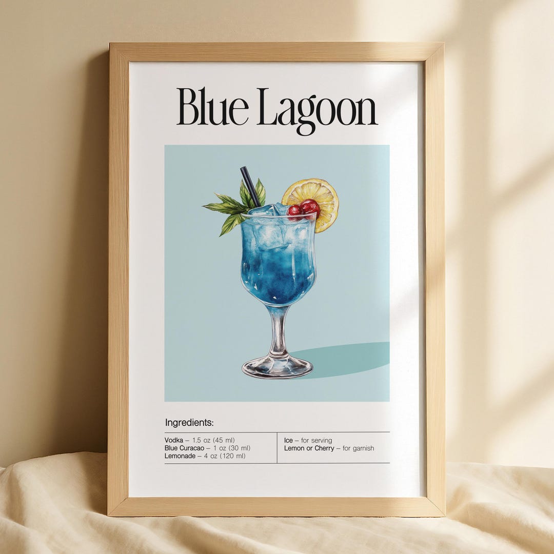 Blue Lagoon Cocktail Recipe Print: Watercolor Bar Art (digital Download ...
